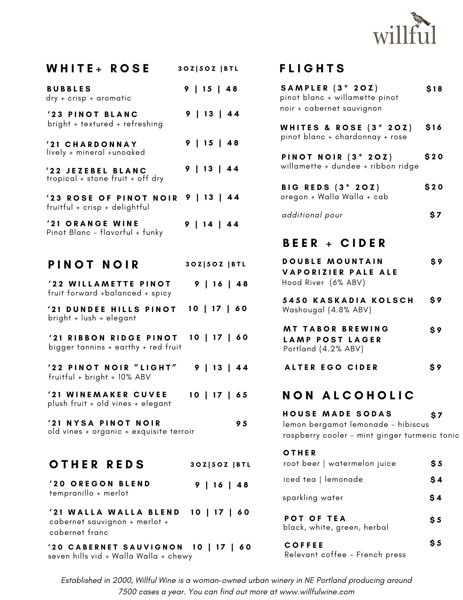 Willful Wine Co - THE GRANT HOUSE - GRANT HOUSE WINE MENU